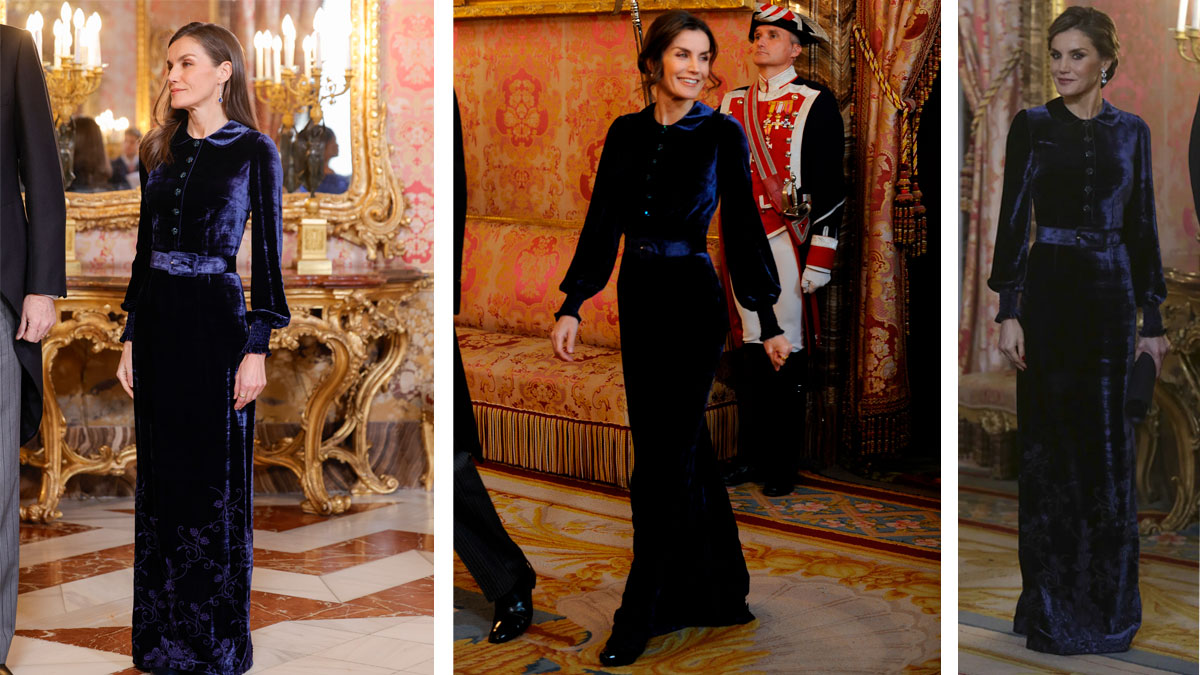 Letizia viste terciopelo azul de Varela para el Cuerpo Diplomático