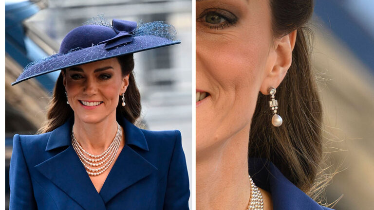 Kate Middleton brilla con un look azul marino y joyas de Isabel II